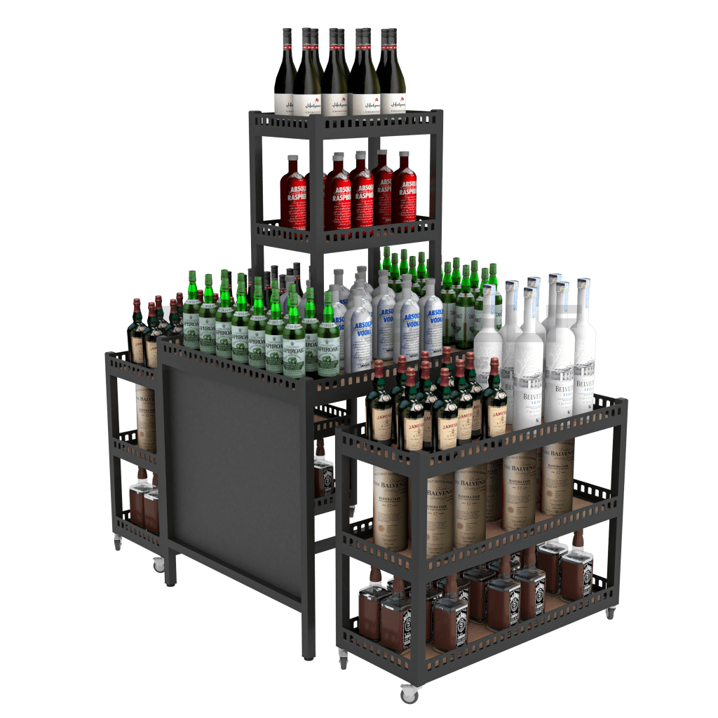 PROMOTIONAL DISPLAY WITH CUSITOMIZABLE SIDES, WHEELED SHELVES AND TOWER ...