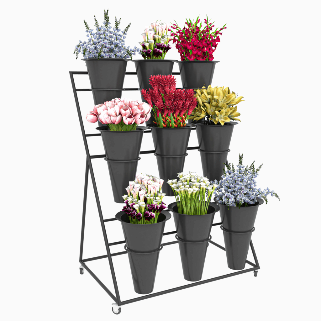 3 Tier Black Flower Display Stand with Buckets | Maxshelf